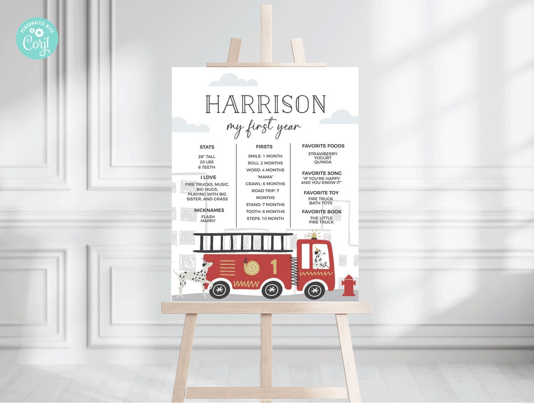 EDITABLE Fire Truck Birthday Party Milestone Sign - Poster | First Year ...
