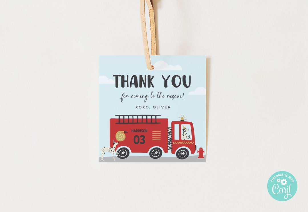 EDITABLE Fire Truck Thank You Tag, Fire Truck Favor Tag • Fireman ...