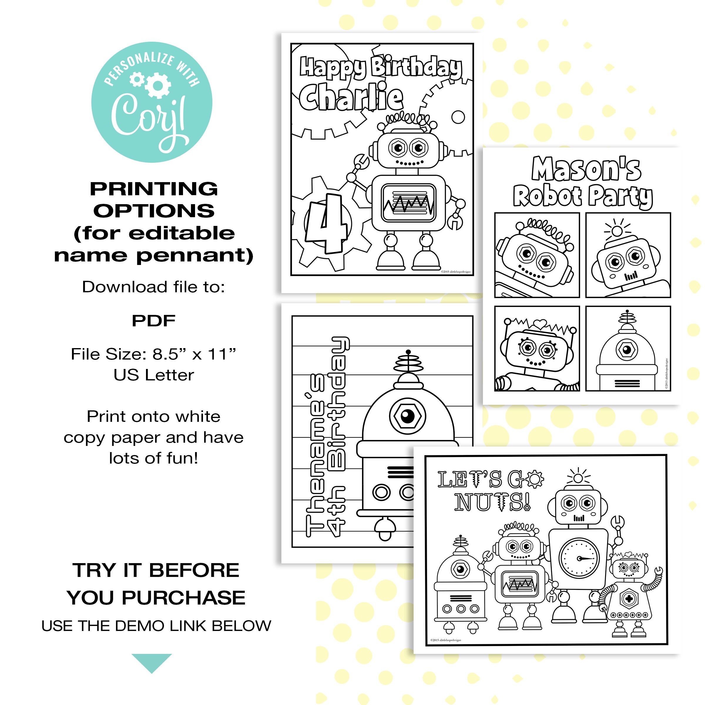 EDITABLE Robot Coloring Pages 4 Designs 8.5 X 11 Coloring | Etsy