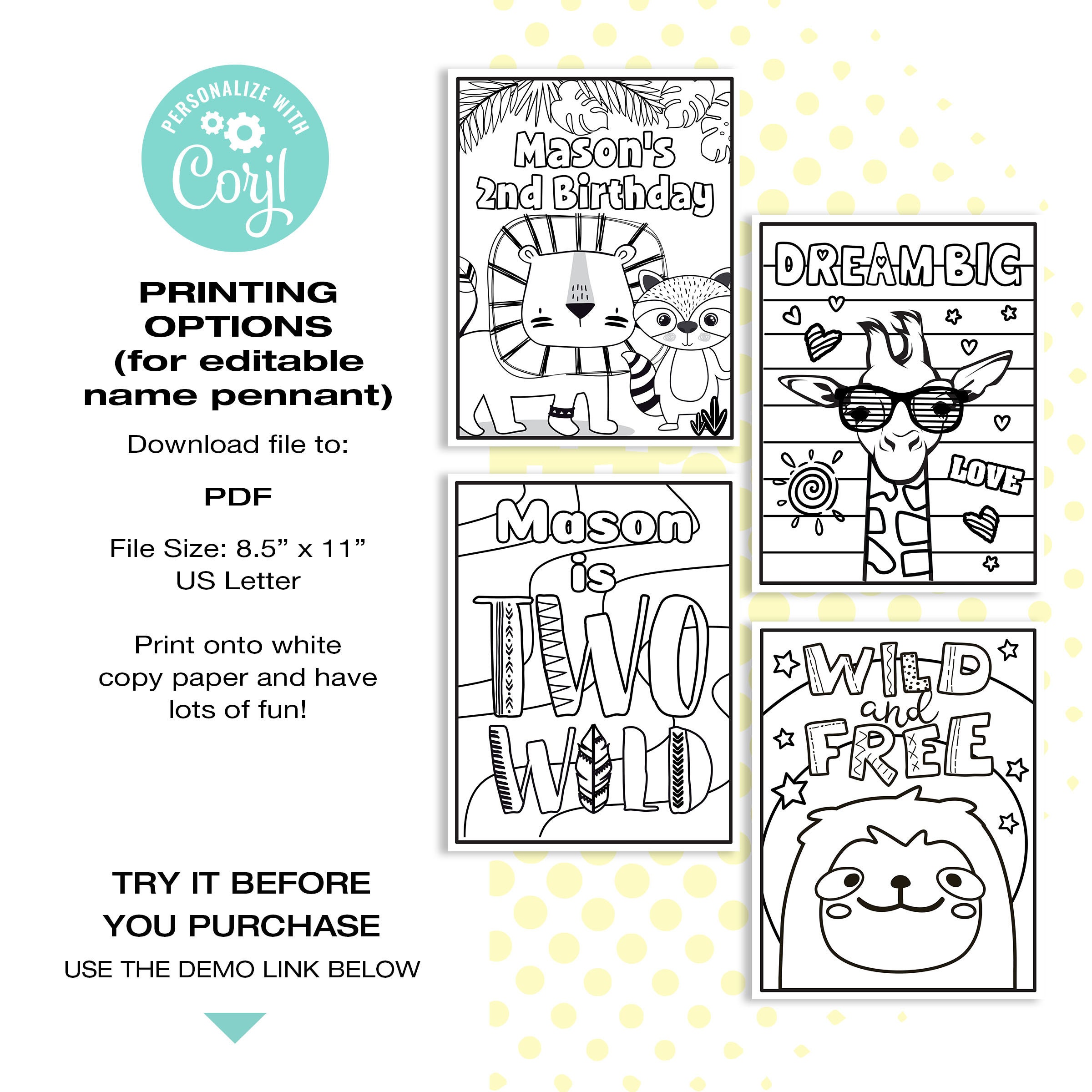 EDITABLE Two WILD Coloring Pages 4 Designs 8.5 X 11 - Etsy