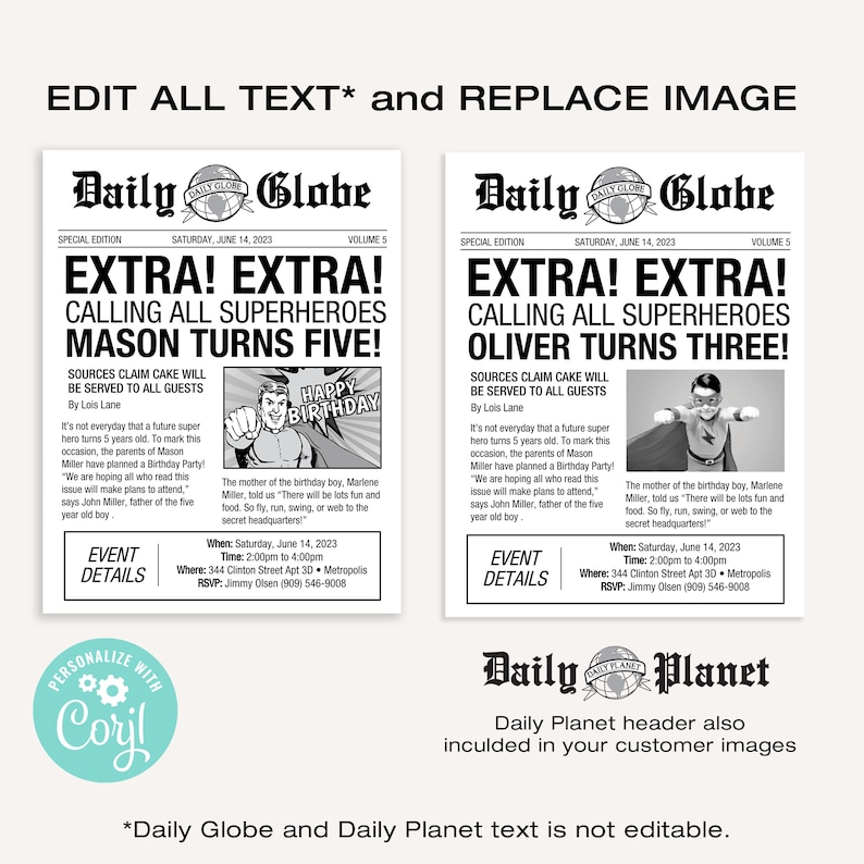 EDITABLE Superhero Newspaper Invitation / Superhero Invite • 8.5" X 11 ...