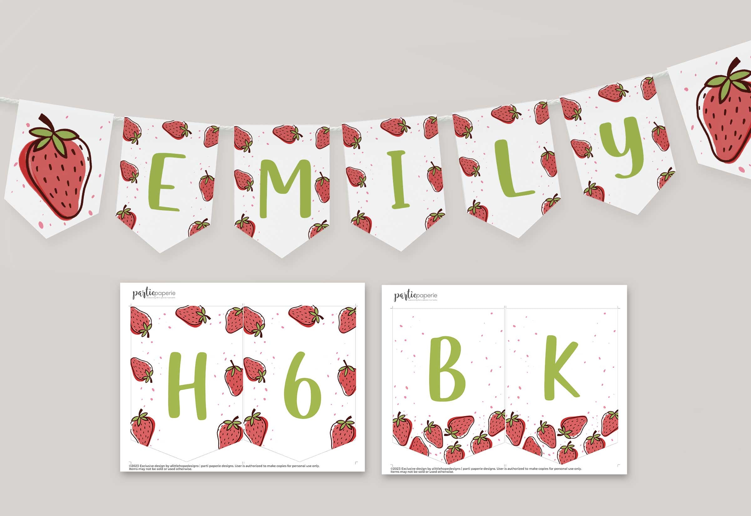 Strawberry Happy Birthday Pennant Set + Editable Name Pennant Set ...