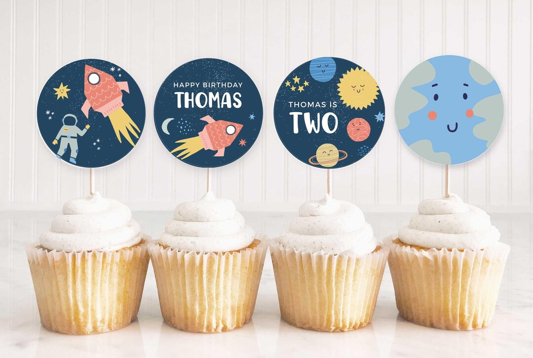 EDITABLE Space Birthday Party Cupcake Toppers • circle Tag • Galaxy ...