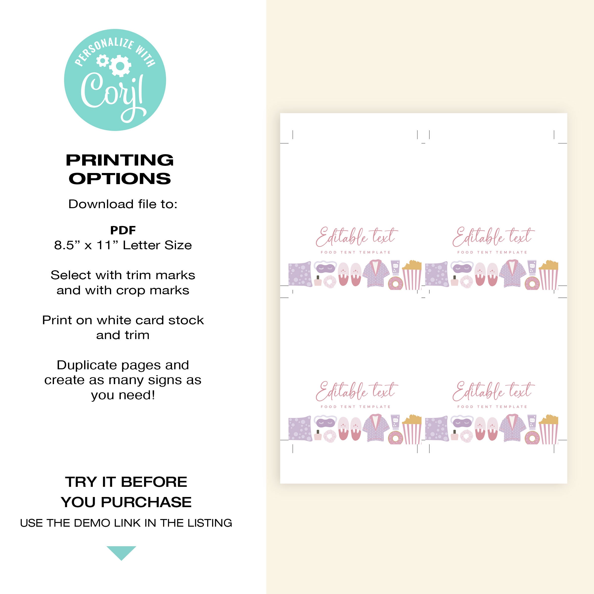 EDITABLE Sleepover • Pajama Party Food Tent • Table Tent • slumber ...