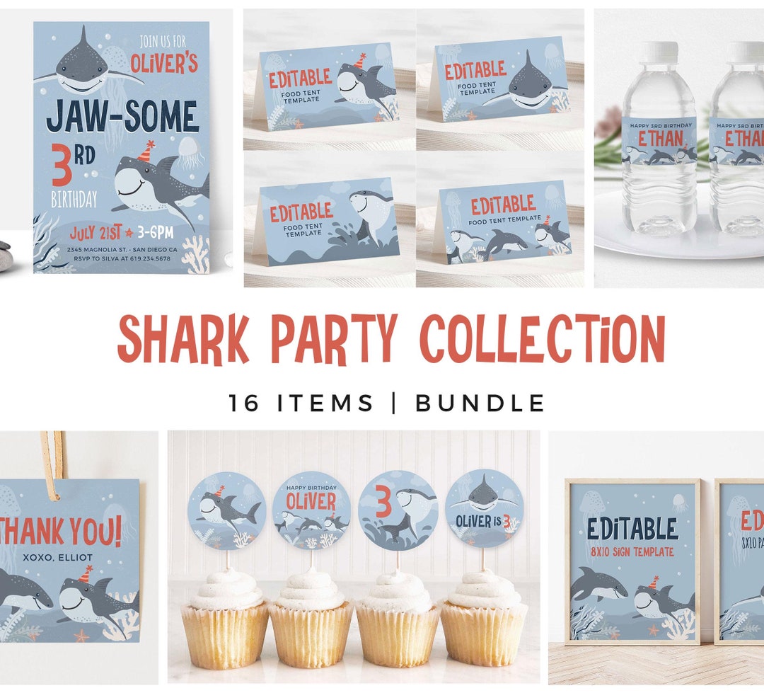 EDITABLE Shark Birthday Party Collection BUNDLE | 16 EDITABLE Digital ...