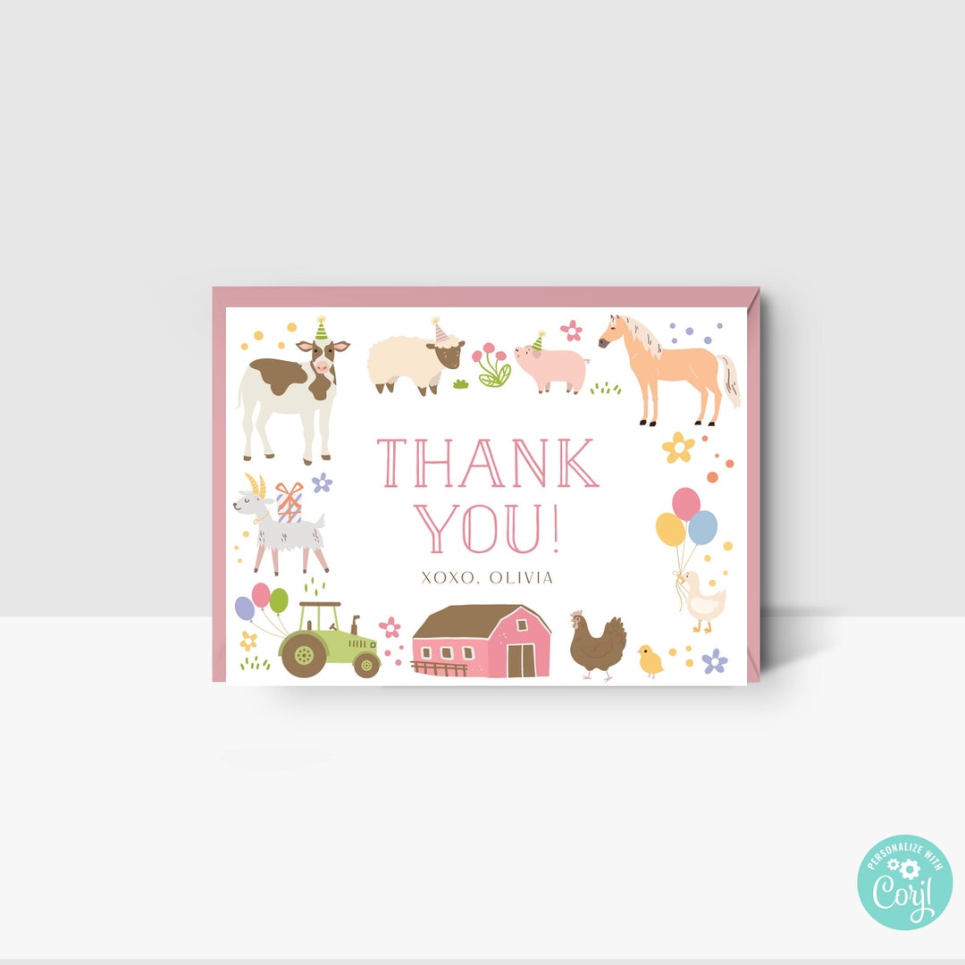 Farm Animals Thank You Card Sweet Farm Girl Barn Animals - Etsy