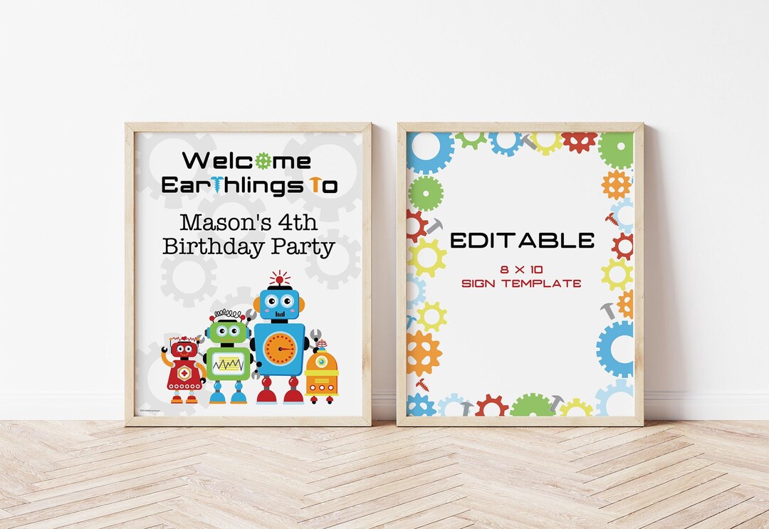 EDITABLE Printable Robot Party Welcome Signs | Robot Party Signs | 8" X ...