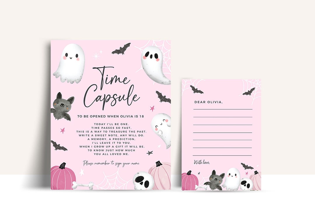 Halloween Party Time Capsule • Sign and Notecard Set | Pink Ghost ...