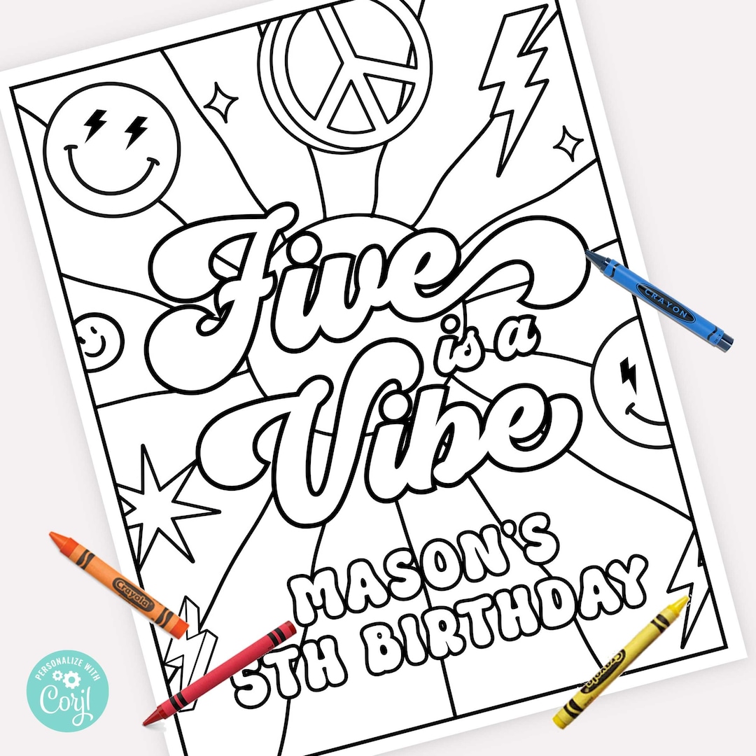 EDITABLE Five is a Vibe GROOVY Boy Coloring Page • age 5 Happy Face ...