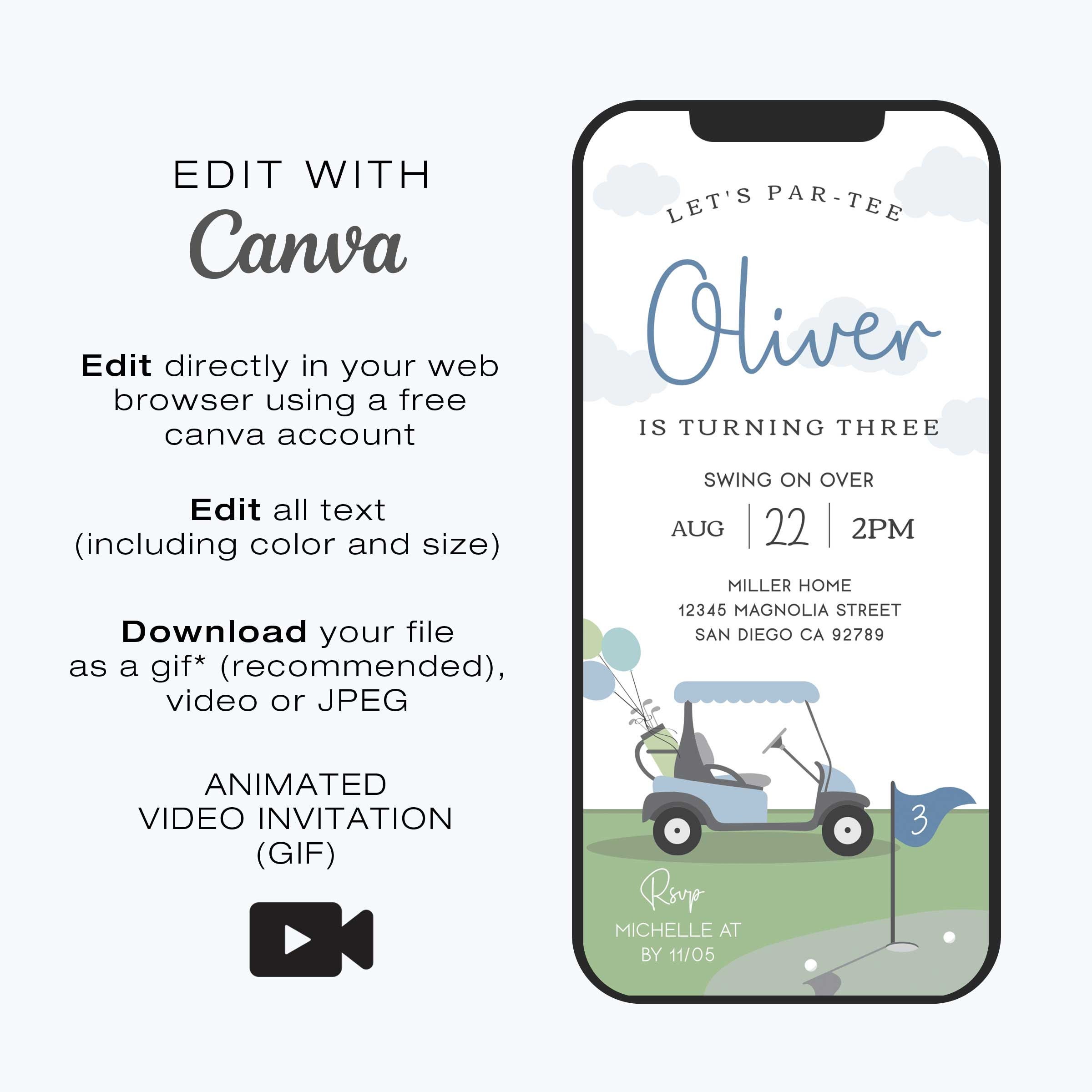 Golf Birthday Animated Video Invitation, Digital Golf Party Invitation ...