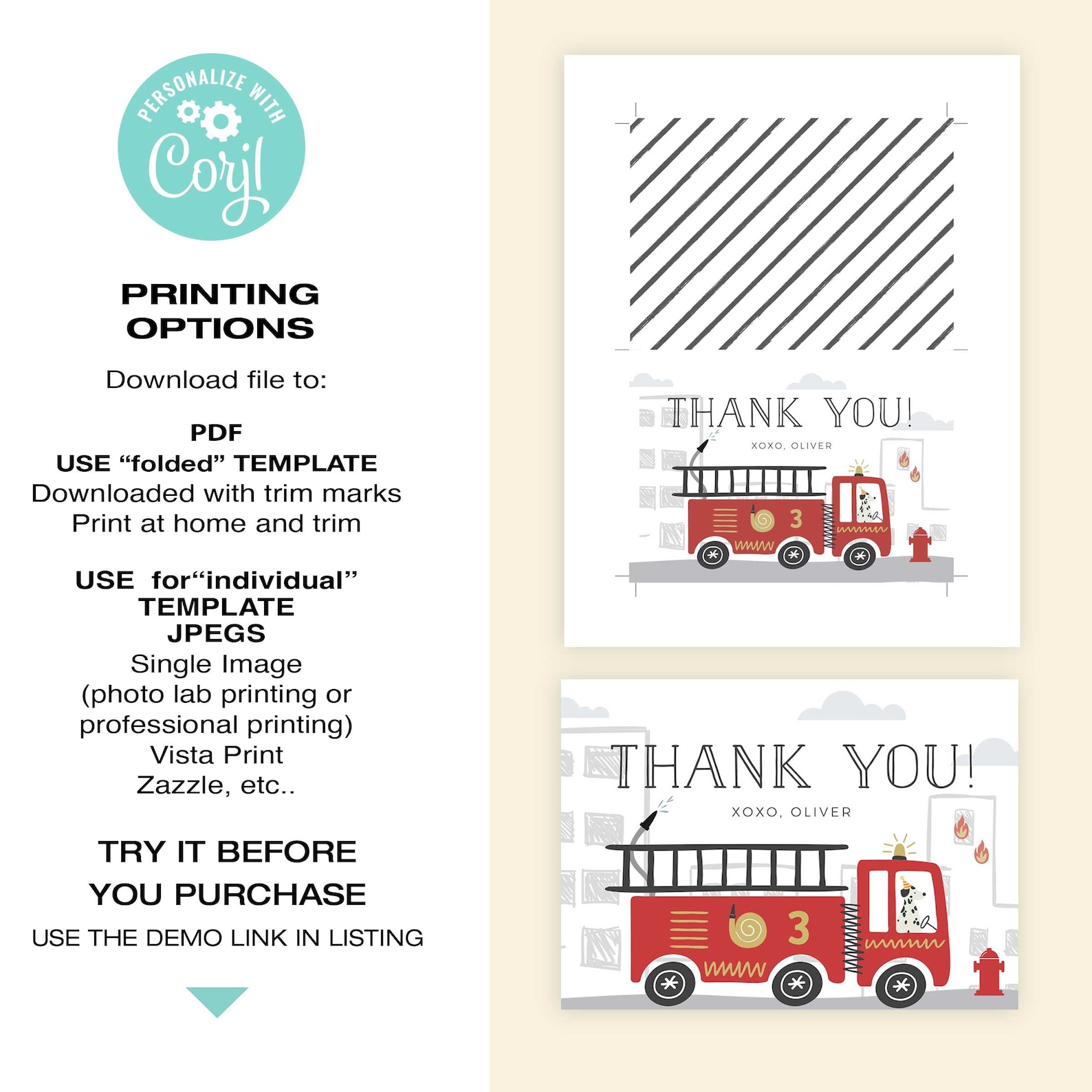 EDITABLE Fire Truck Thank You Card • Note Card, Stationery • Fireman ...