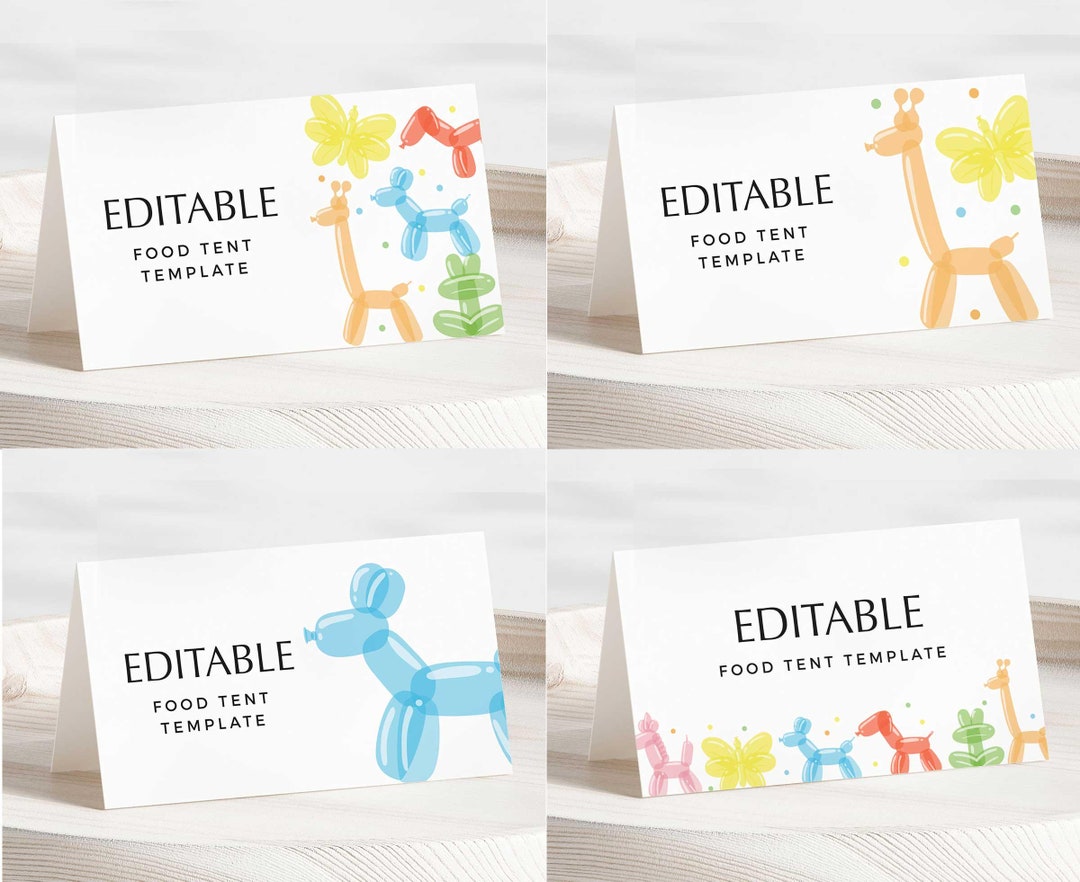 EDITABLE Balloon Animals Party Food Tents • Table Tents 4 Designs ...