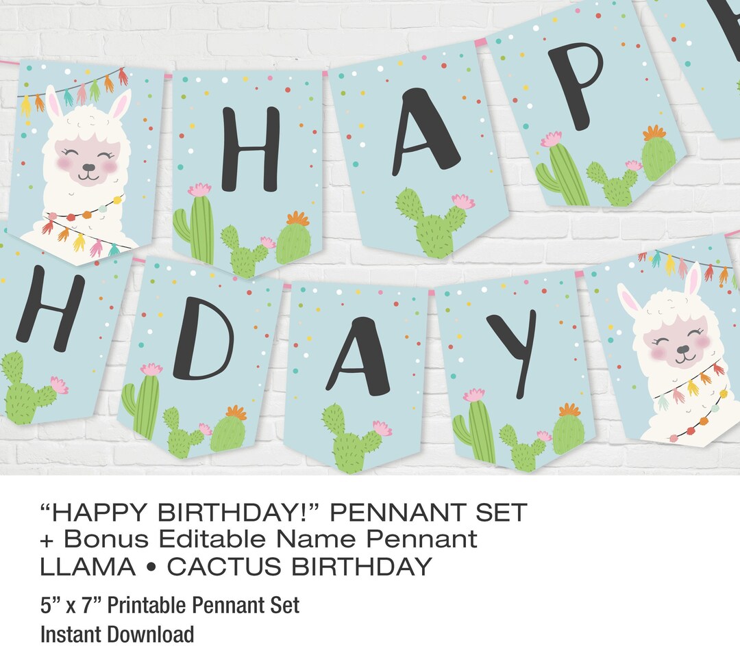 Llama Happy Birthday Banner and Bonus Editable Name Pennant / Llama ...