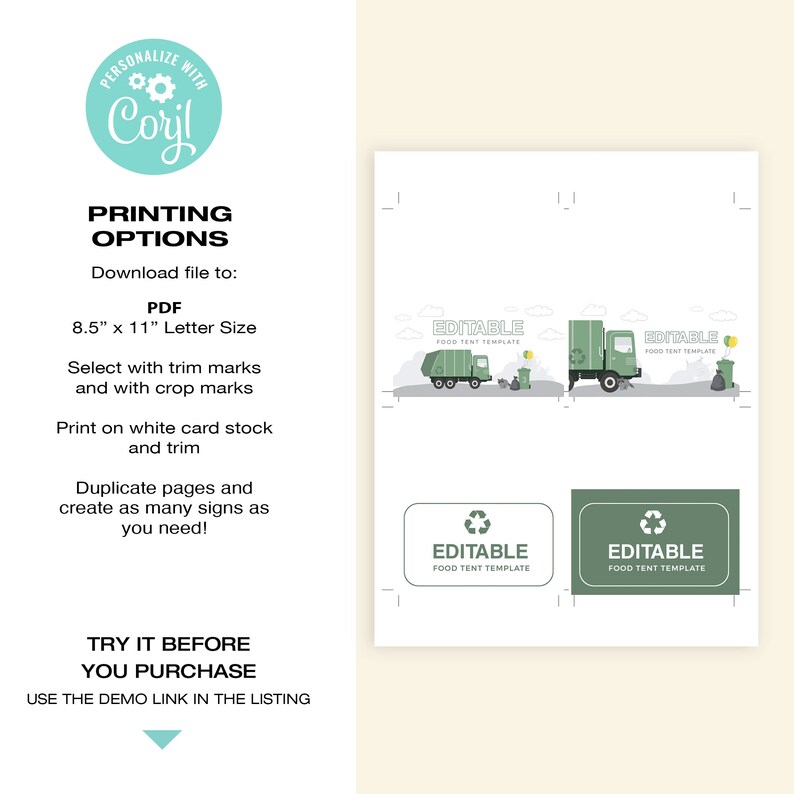 EDITABLE Garbage Truck Party Food Tents • Table Tents 4 Designs ...