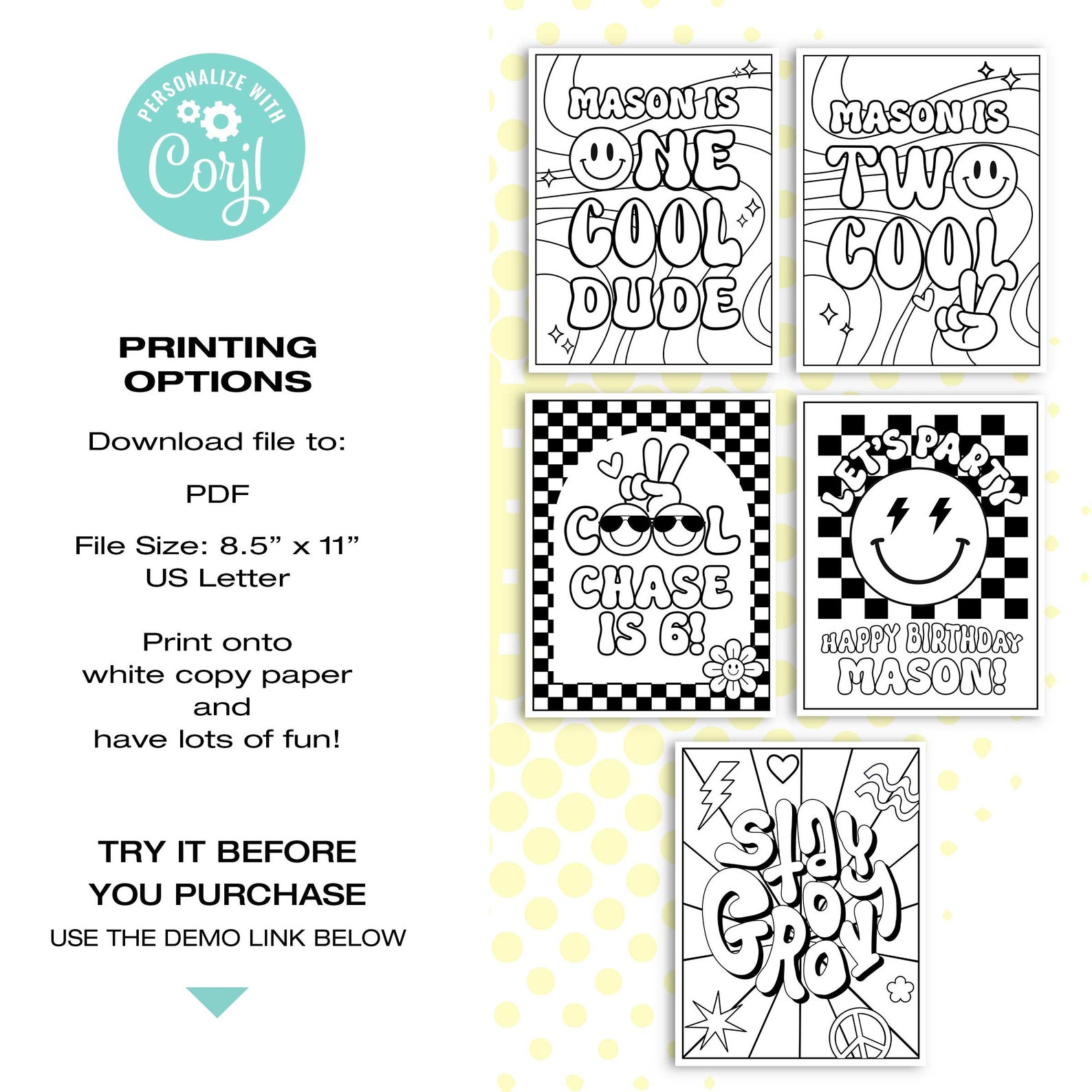 EDITABLE Cool | Cool Dude • Groovy Coloring Pages • 5 Designs 8.5 X 11 ...