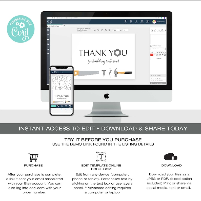 EDITABLE Builder Birthday Thank You Card, Handyman, Construction Thank ...