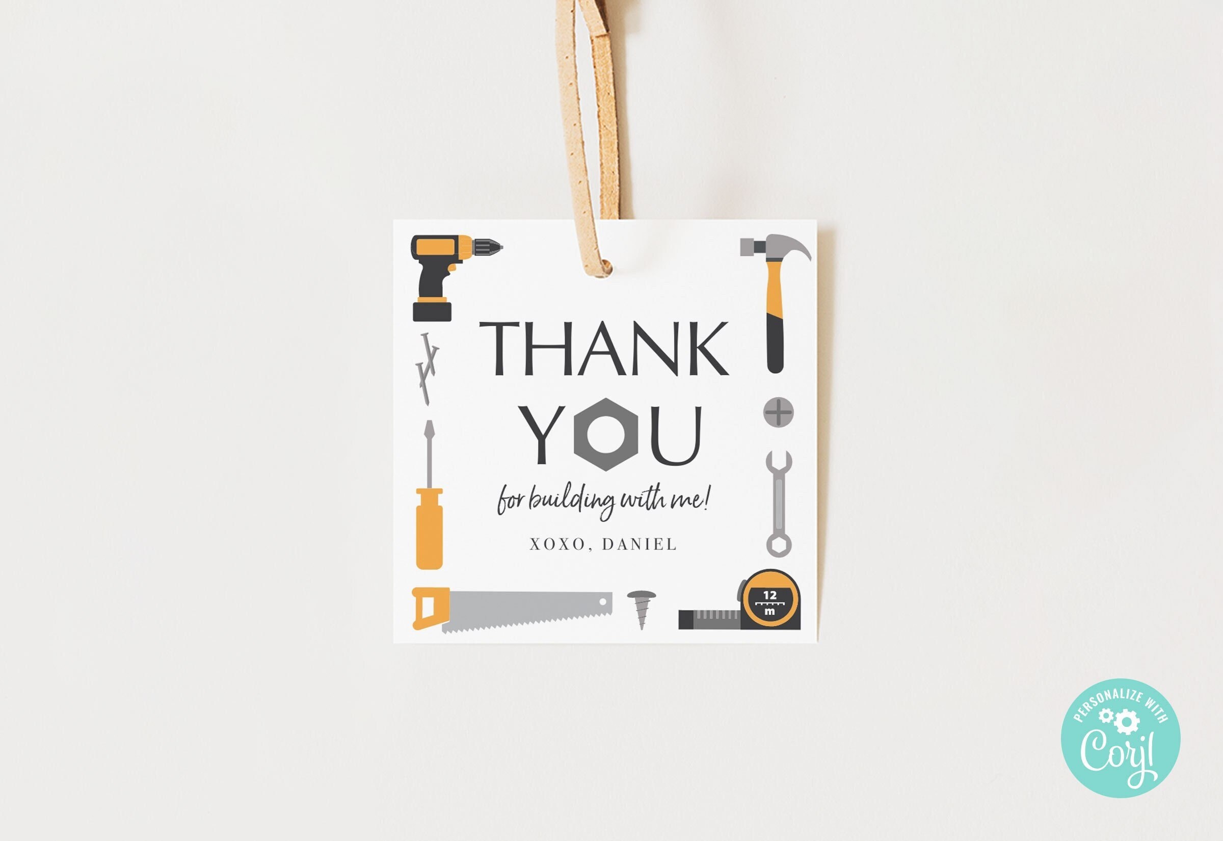 EDITABLE Builder Birthday Thank You Tag, Favor Tag, Hang Tag, Handyman ...