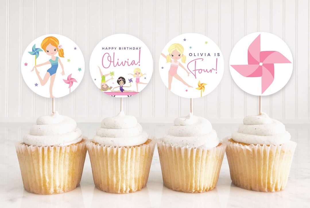 EDITABLE Gymnastics Party Cupcake Toppers • Party Circles • Pinwheels ...