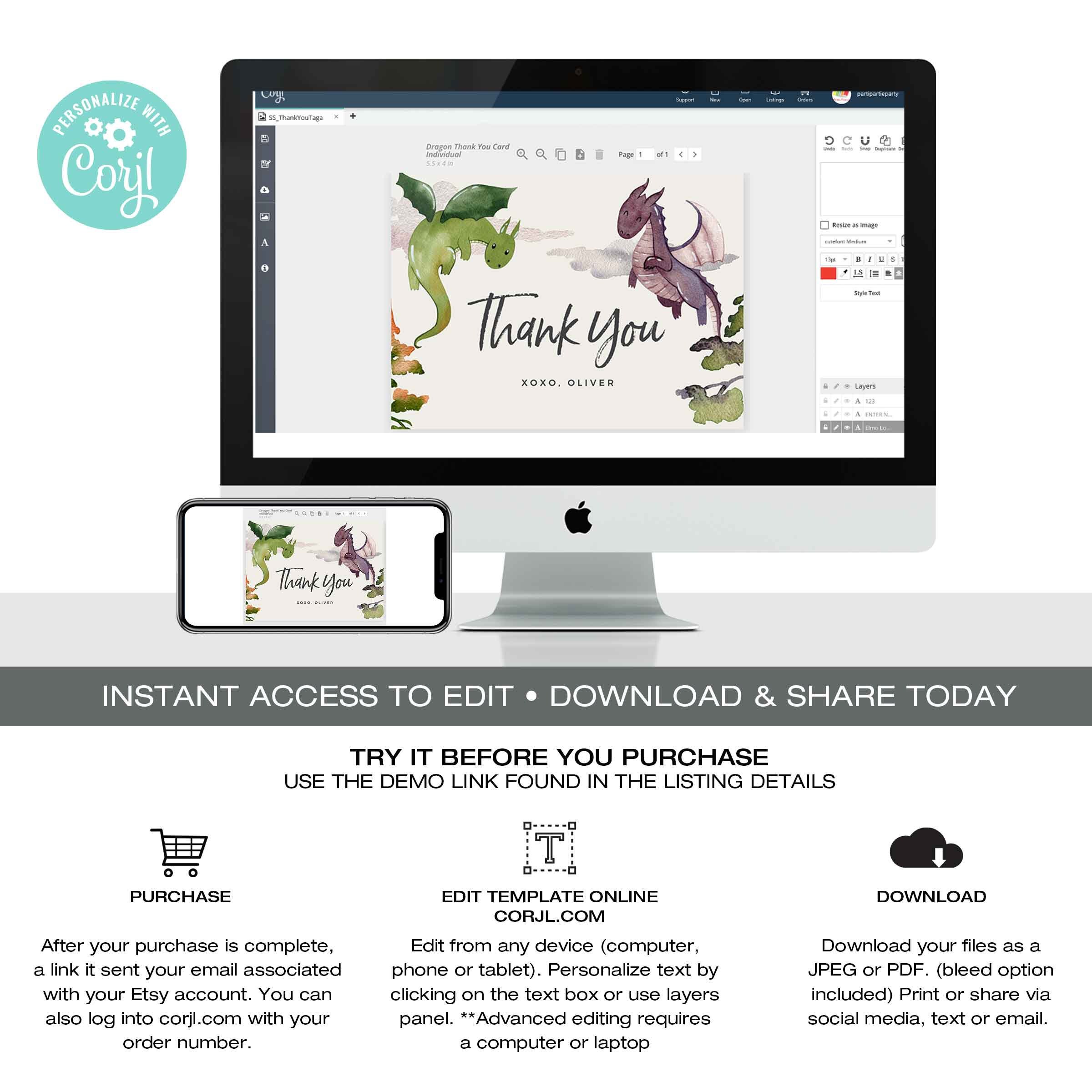 Editable Dragon Thank You Card | Modern Dragon Thank You Card Folded ...