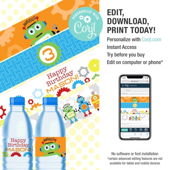 EDITABLE Printable Robot Water Bottle Labels / Robot Party | Etsy
