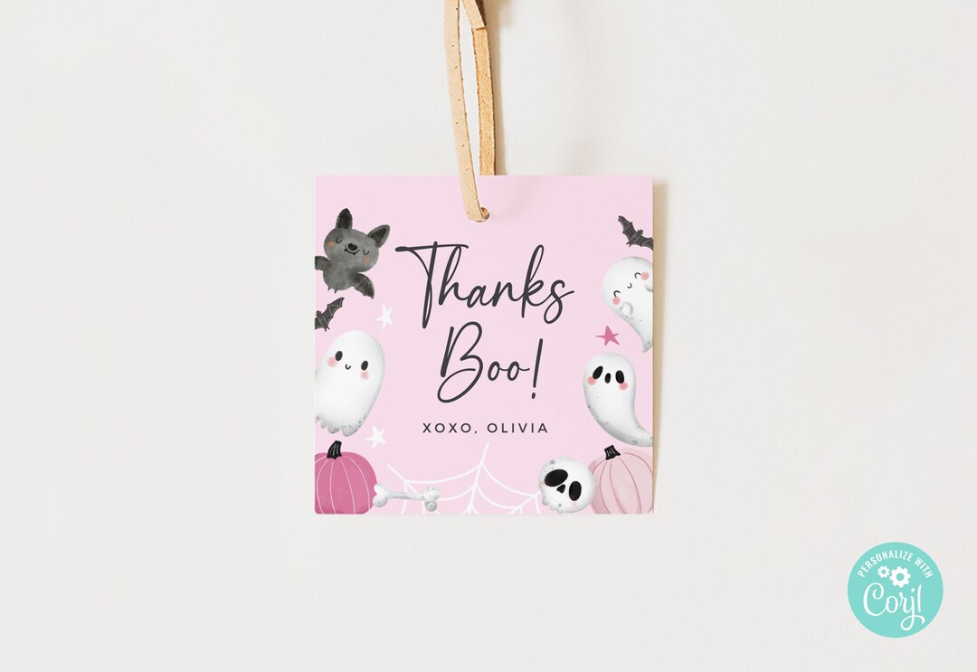 Pink Ghost Thank You Tag, Pink Halloween Tag, Spooky One, Two Spooky ...