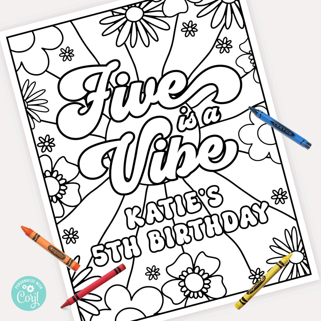 EDITABLE Five is a Vibe GROOVY Girl Coloring Page • age 5 Groovy Invite ...