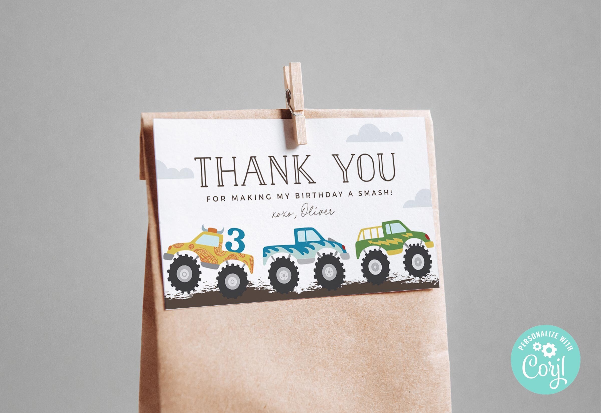 EDITABLE Monster Truck Thank You Tag Truck Favor Tag - Etsy