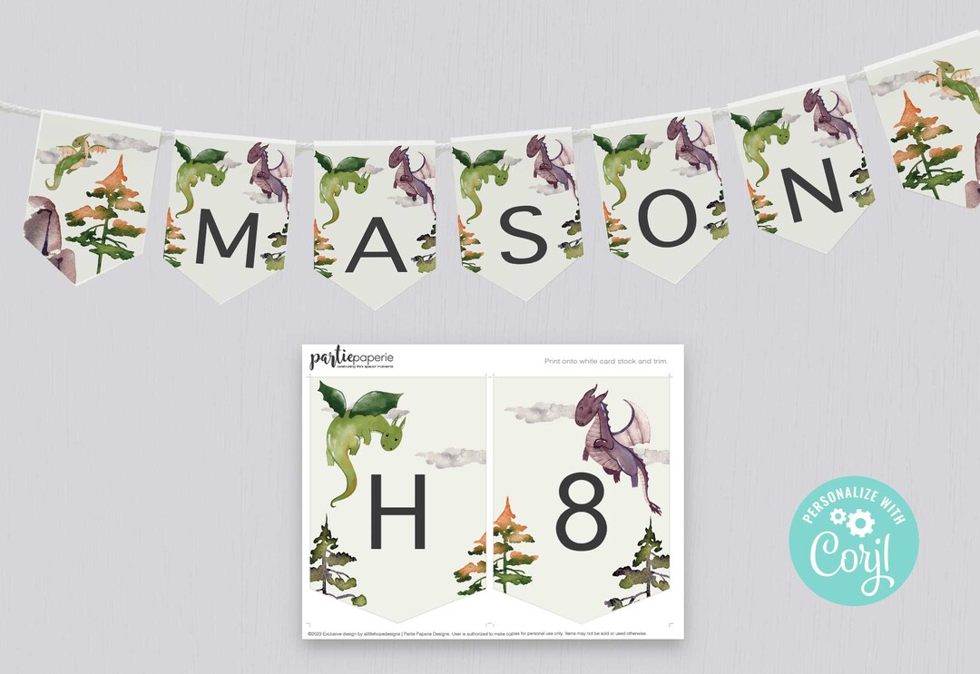 Editable Dragon Happy Birthday Pennant Set + Editable Name Pennant Set ...