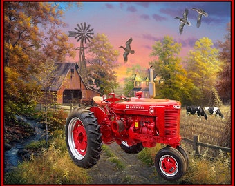 Cartoon Farming Farmer on the Tractor Fabric Brown - Etsy