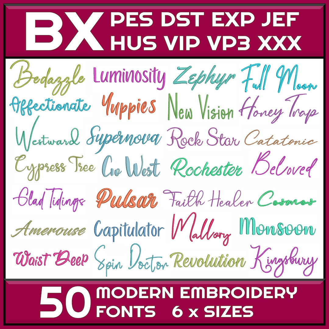 50 Modern Embroidery Machine Fonts: BX PES Format Letters (1in - 3.5 ...