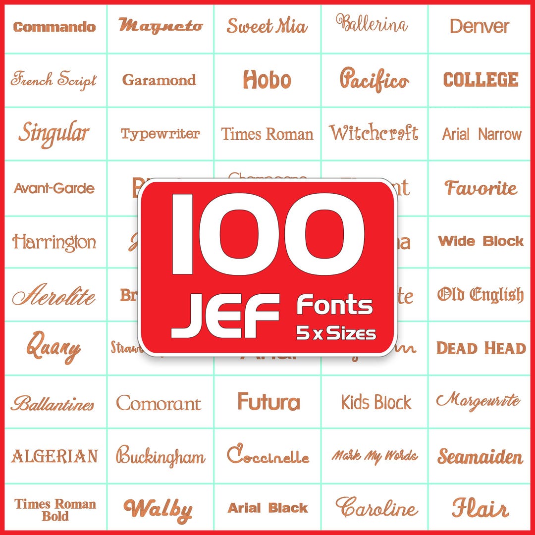 JEF Embroidery Fonts Format, 100 Fonts Set, Embroidery Machine Fonts ...