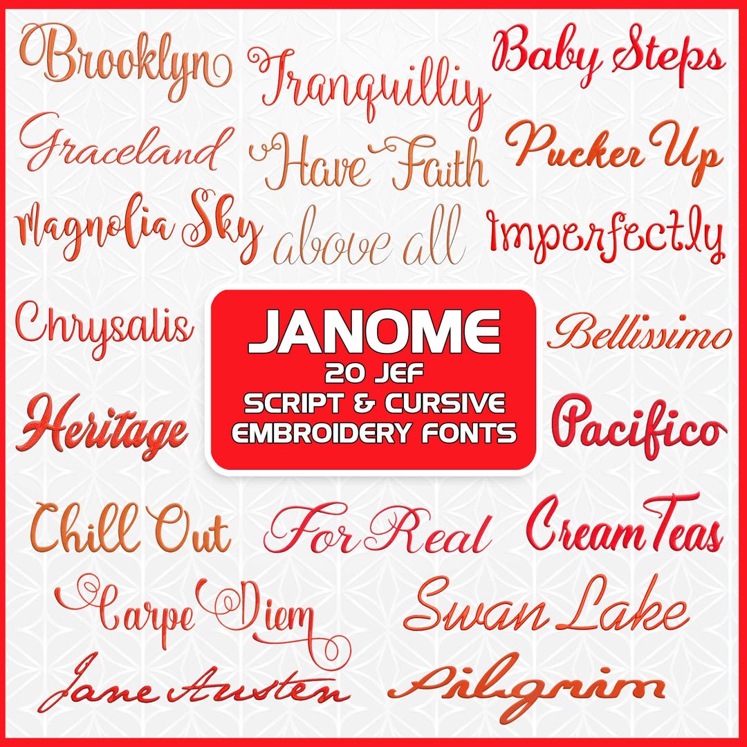 Janome Embroidery Fonts, 20 Script Fonts Set, JEF Embroidery Machine ...