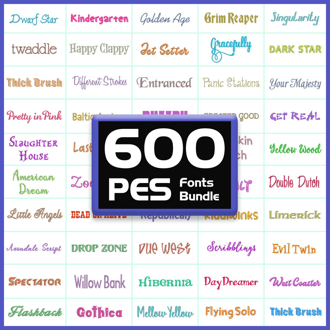600 Embroidery Fonts Bundle: PES Brother Font Pack (1-3 Inch) (digital ...