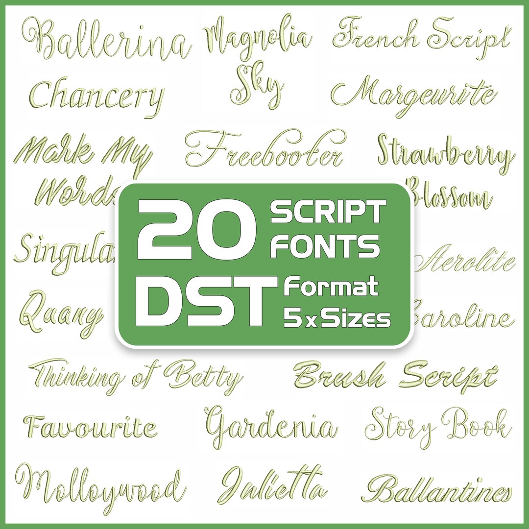 Script Embroidery Fonts DST Format, 20 Font Set, Cursive Embroidery ...