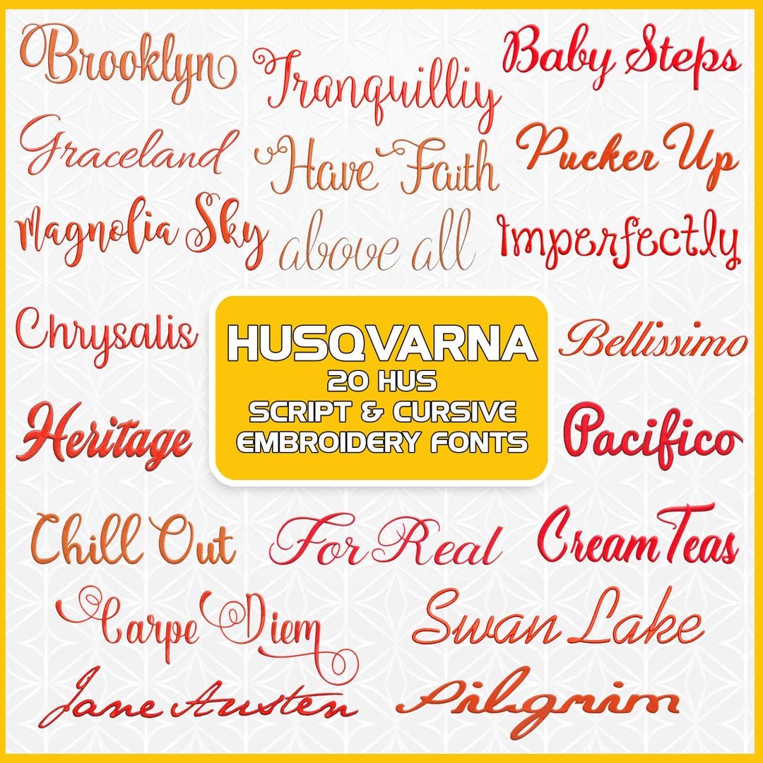Husqvarna Script Embroidery Fonts, 20 Fonts HUS, Embroidery Machine ...