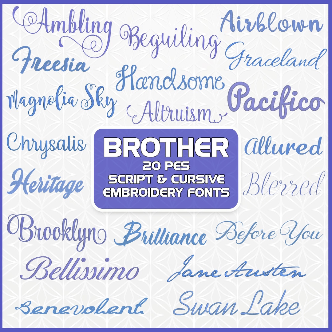 20 PES Script Fonts Set, Brother Embroidery Fonts, Embroidery Machine ...