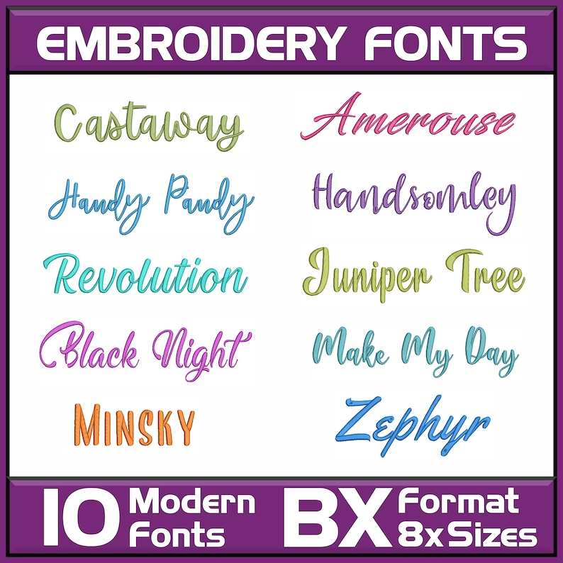 BX Embroidery Fonts Bundle: 10 Modern Cursive Fonts (0.5 Inch - 4 ...