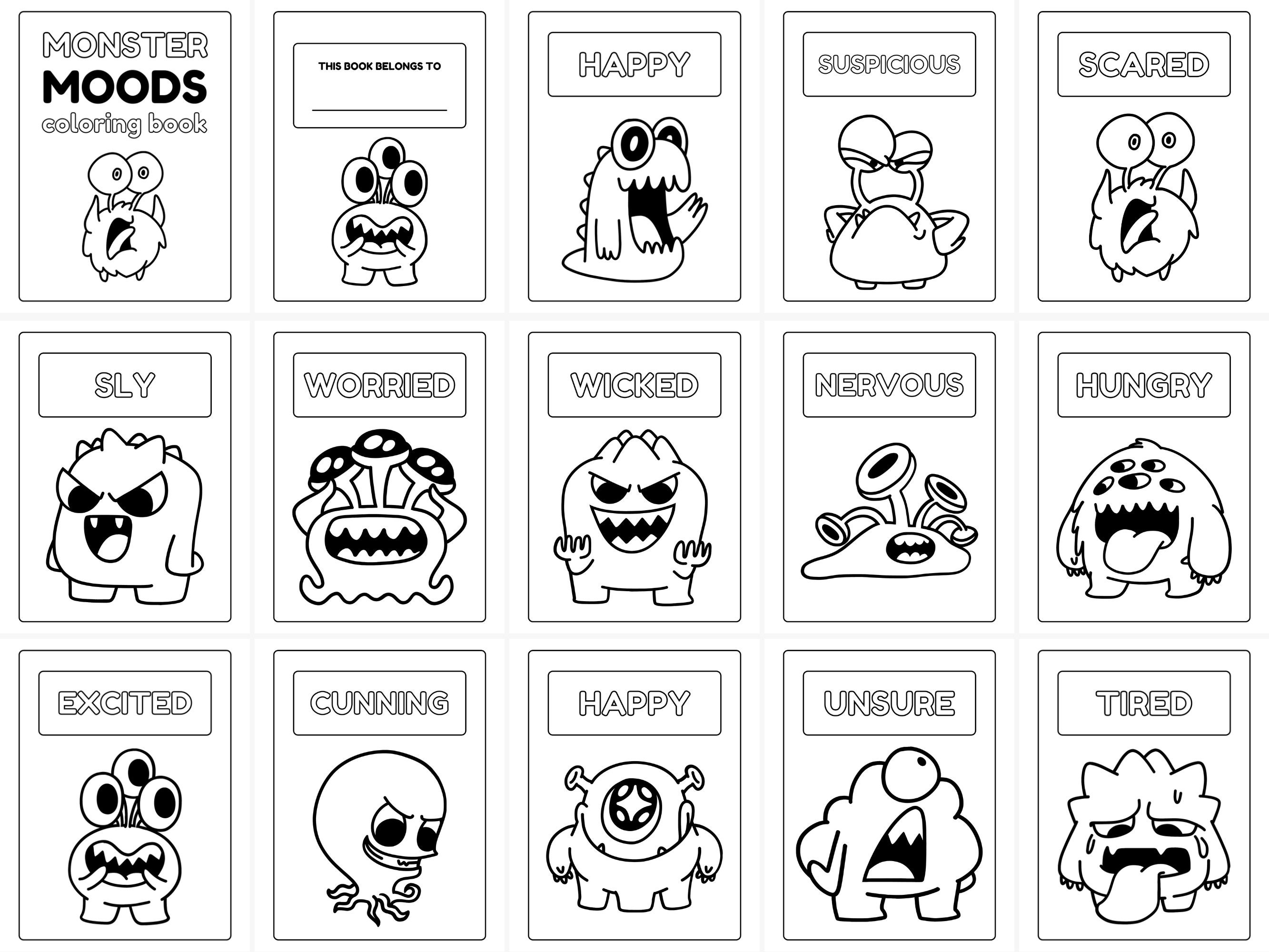 KDP Kids Interior Coloring Pages and Cover Monster Moods Canva Template ...