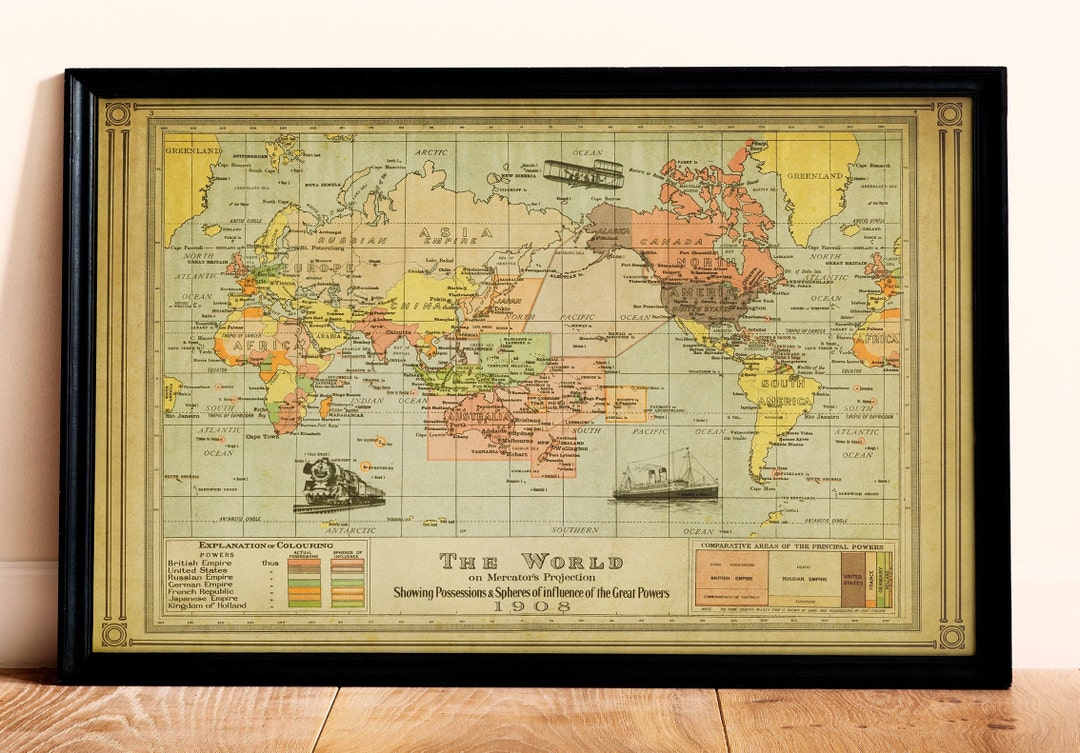 Vintage World Map 1908, Wall Art Print, Antique Map, Home Decor Gift - Etsy