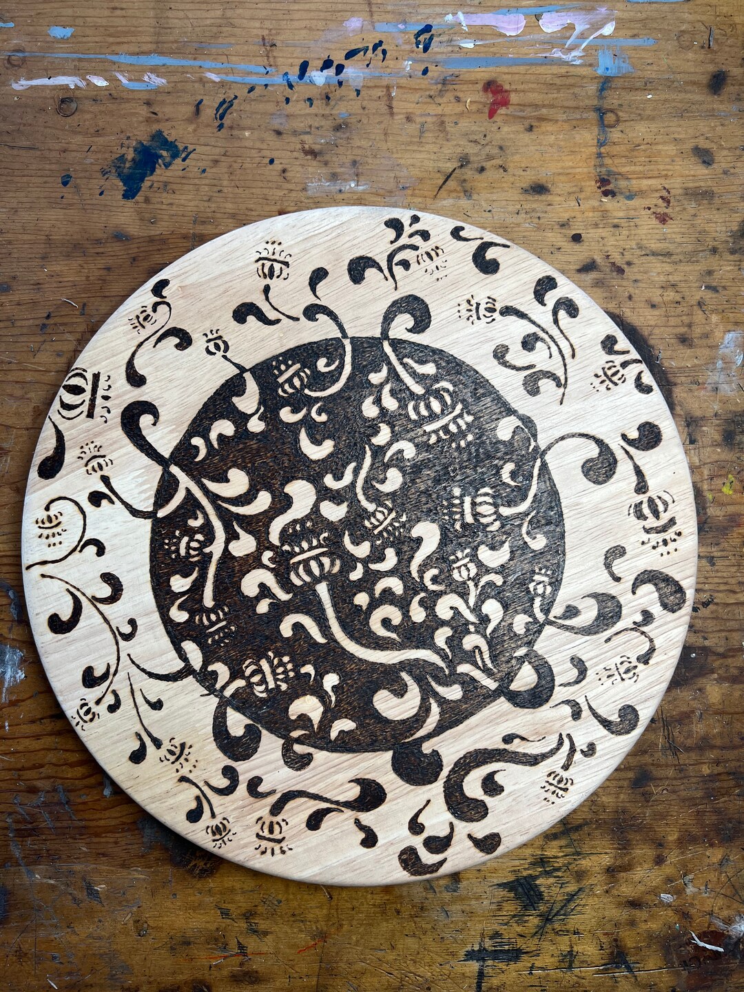 Woodburned Lazy Susan Pyrography Floral Pattern 10 Wooden Lazy Susan ...