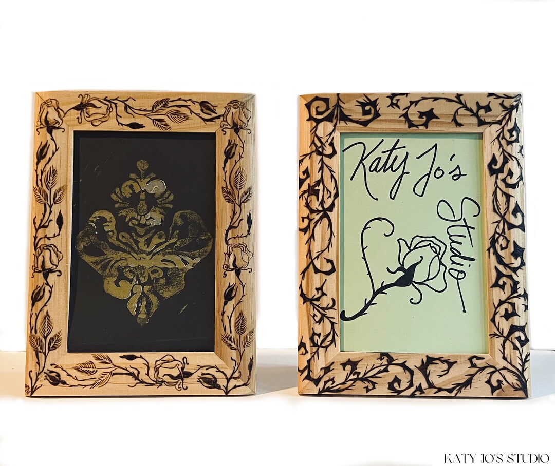 Wooden Picture Frame Pyrography Rose and Thorns Wood Burned Photo Frame ...