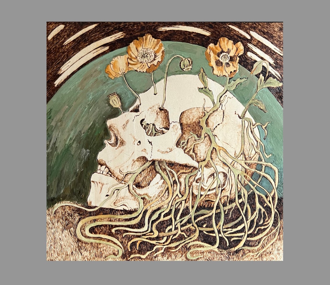 Decomposing Skull Pyrography Art Woodburning and Acrylic Paint on Wood ...