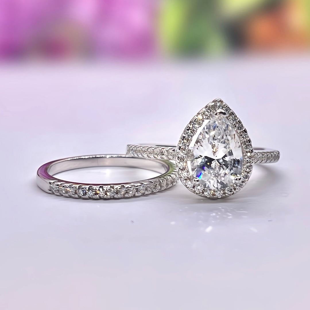 Pear Cut Ring Set 2 Carat Lab Moissanite Diamond Ring Set 2-pcs 925 ...