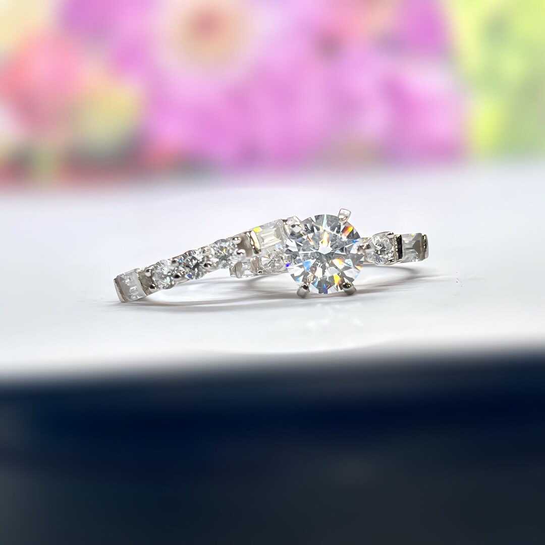 Vintage Style Moissanite Engagement Ring Set Round Cut 2 Carat Moissanite Diamond Engagement ...
