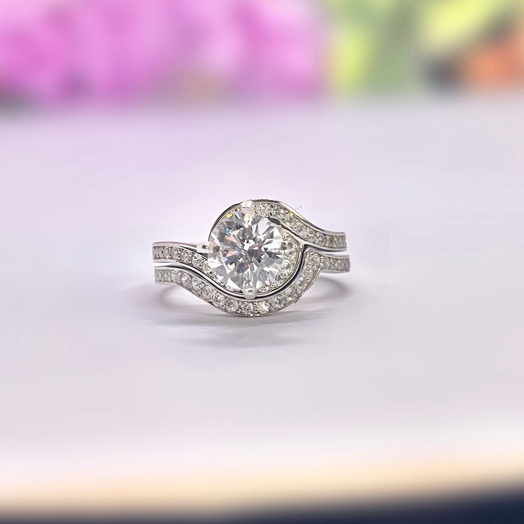 Wave Engagement Ring Set 1.25 Carat Moissanite Diamond Ring Set 925 ...