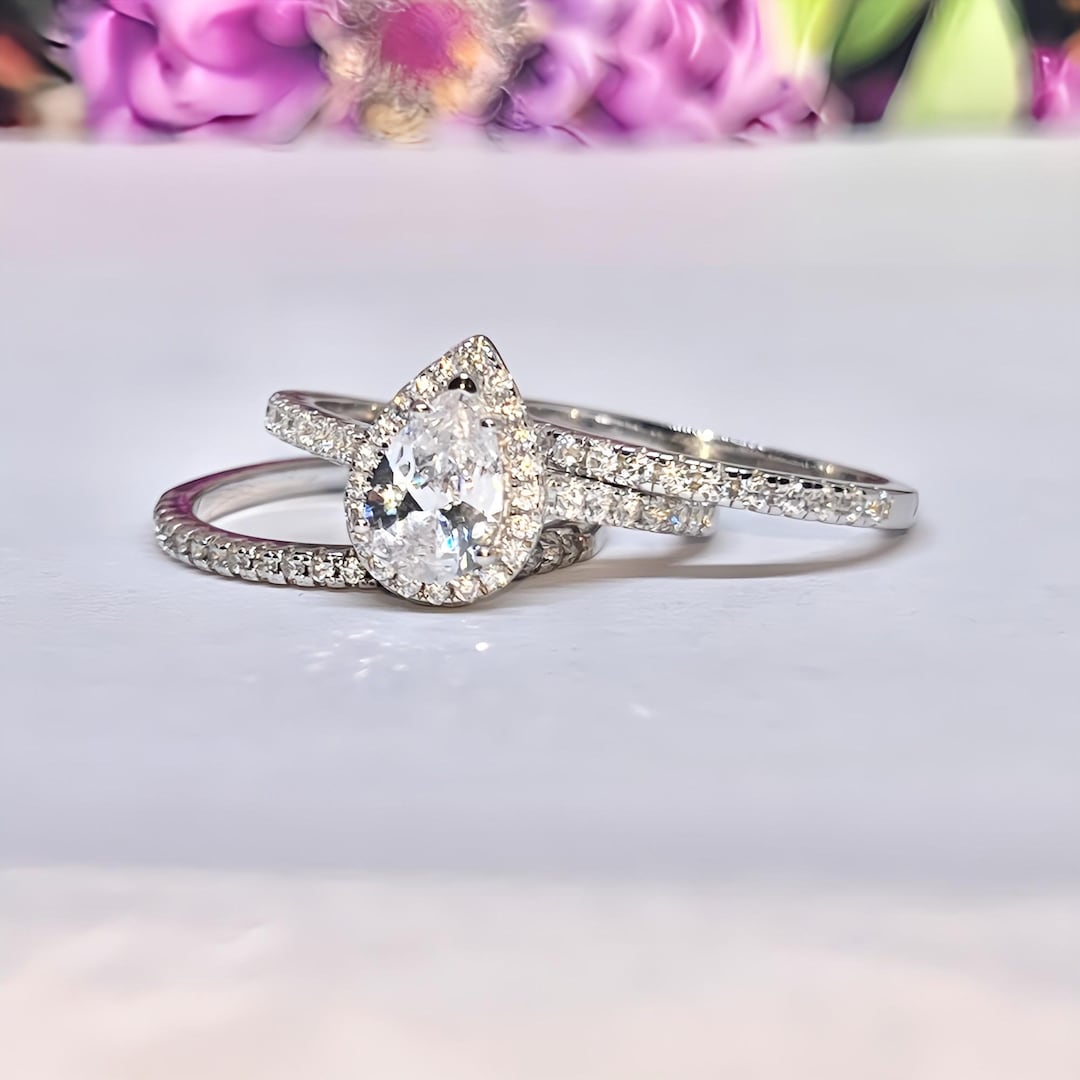 Silver Pear Cut (3-pc) Ring Set 1.5CT Moissanite Diamond Silver Wedding ...