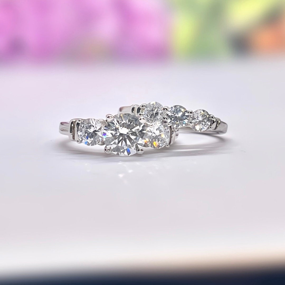 Three Stone Engagement Ring Set Art Deco 2.75 CTW Moissanite Engagement ...
