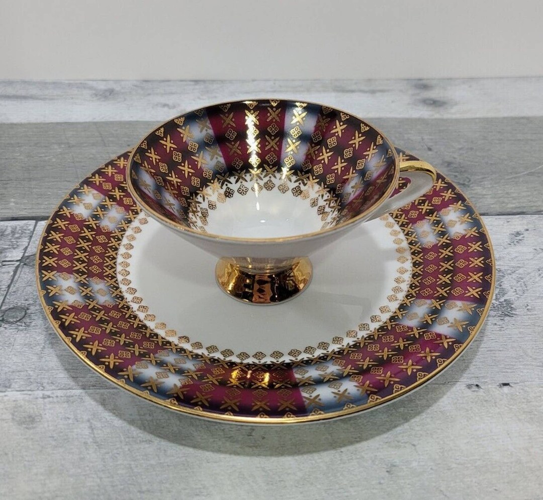 VTG Winterling Bavaria Tea Cup & 7.5" Plate Burgundy Navy Gold Design ...