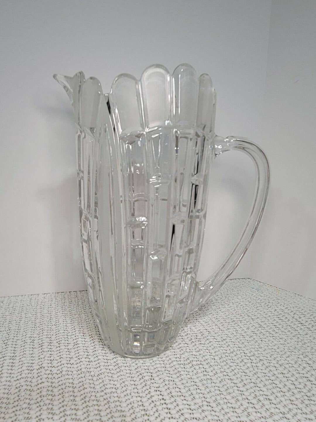 VTG Frosted & Clear Crystal 1 QT. Pitcher, Block Cut Design Scallop Rim ...