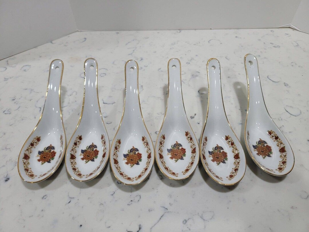 6 Vintage Chinese Porcelain Lotus Soup Spoons Gold Rimmed Republic of ...